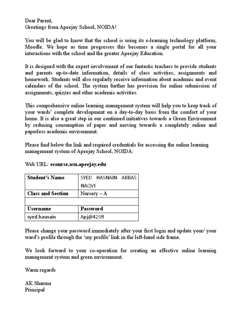 Letter To Parents - Moodle Credentials | PDF