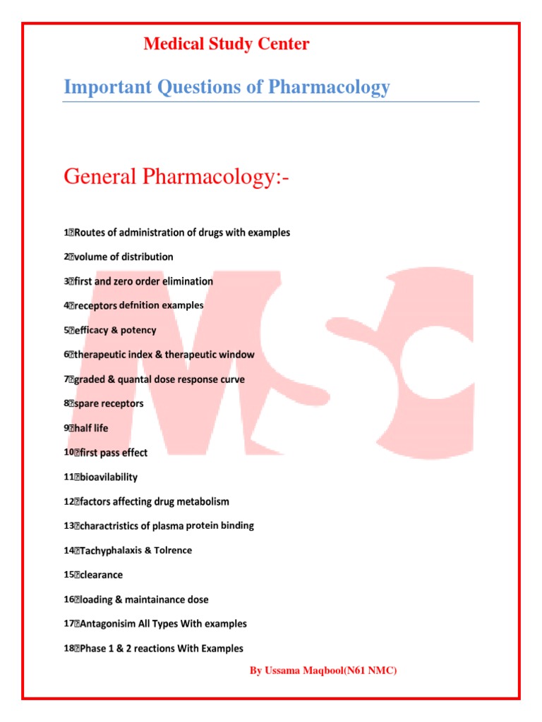 Important Questions of Pharmacology by Medical Study Center | PDF ...