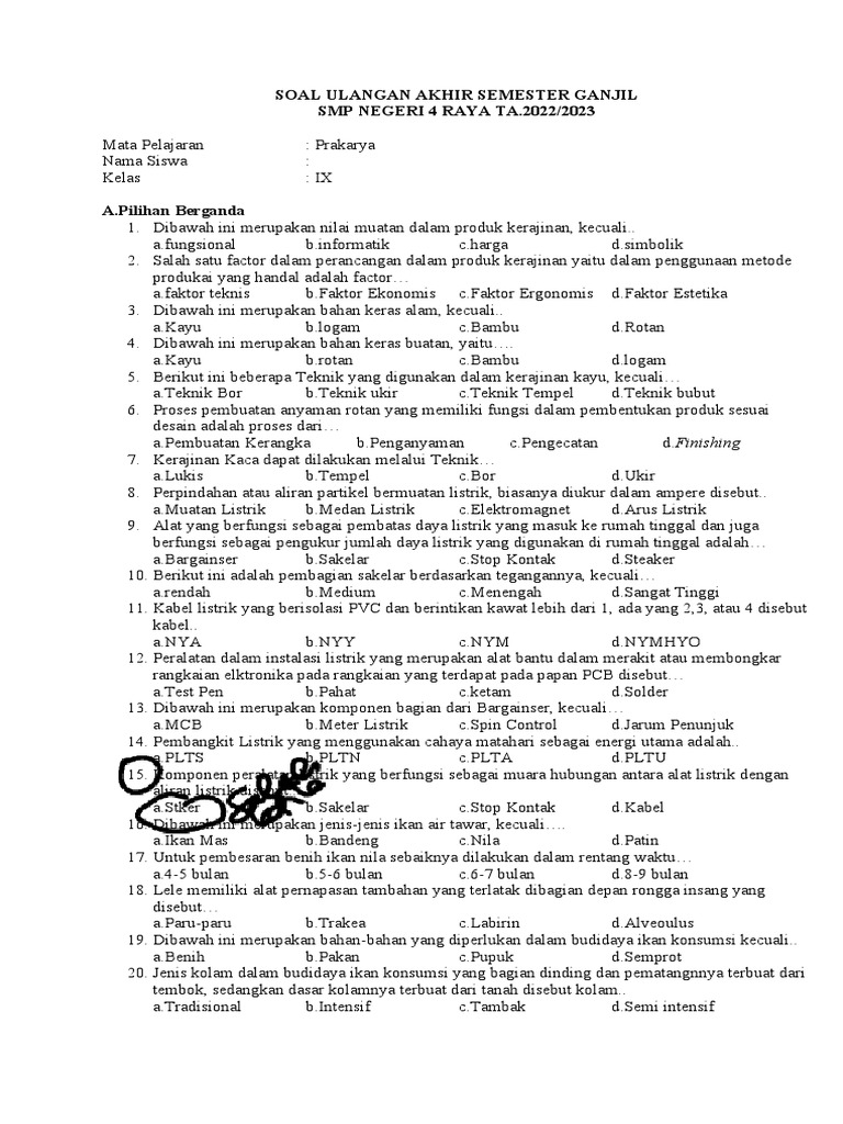 Soal Ulangan Akhir Semester Ganjil Prakarya KLS Ix | PDF