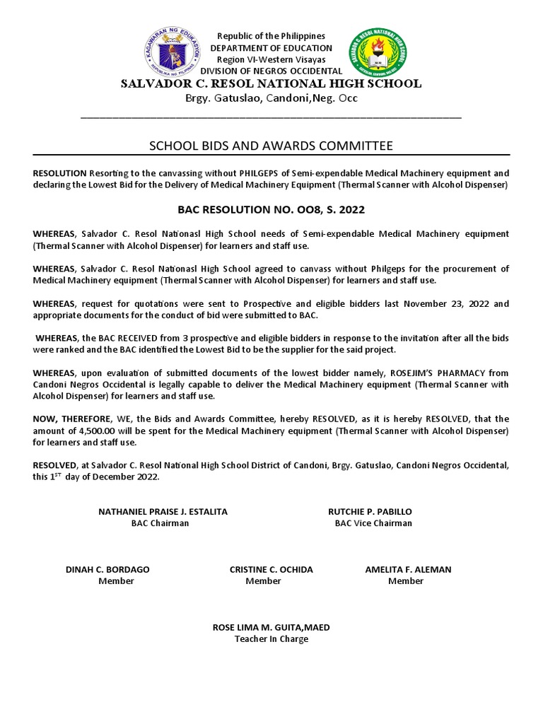 BAC Resolution No. 008 | PDF | Procurement | Supply Chain Management