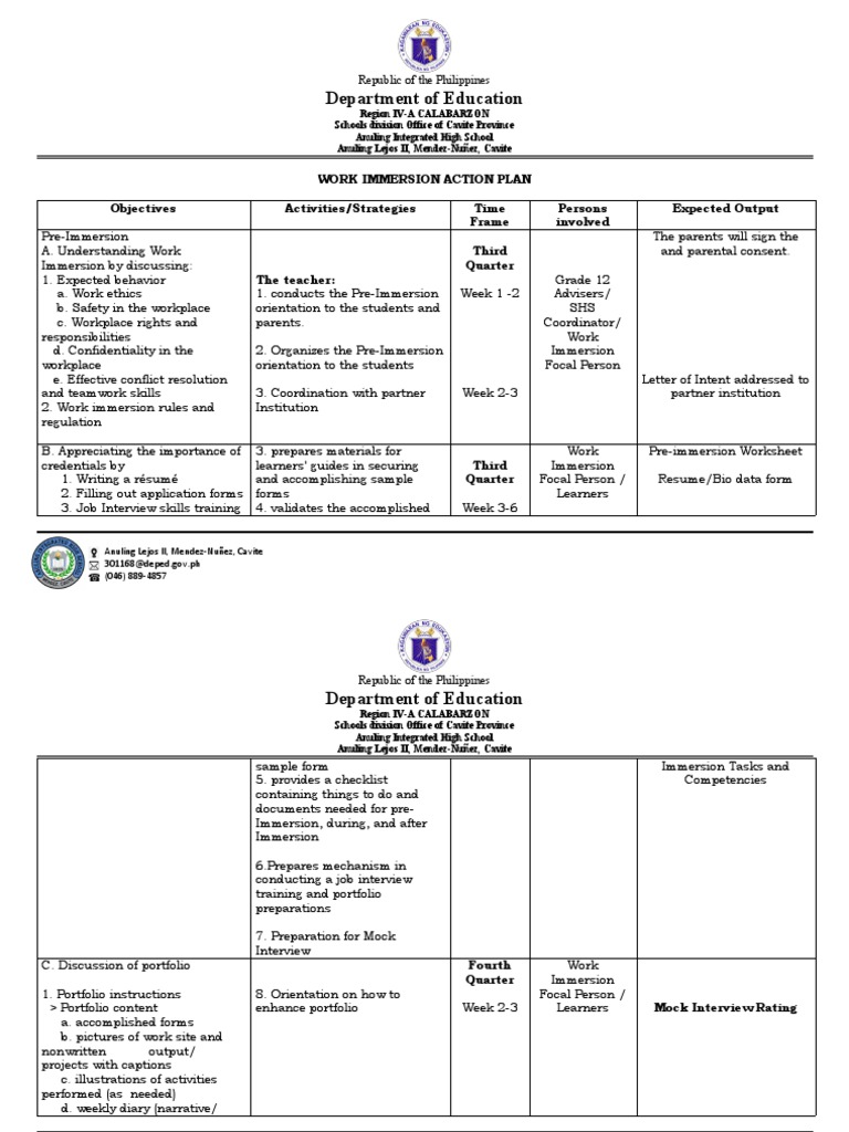 Work Immersion Action Plan | Download Free PDF | Résumé | Learning