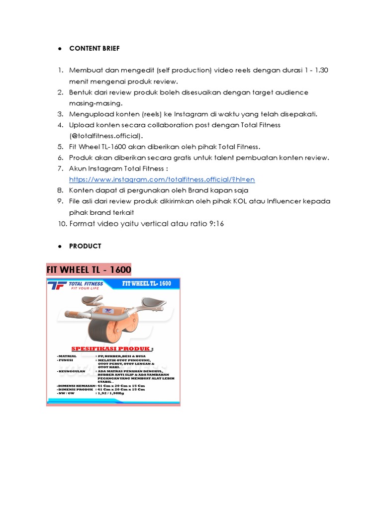 Talent Brief - Total Fitness - 2023 - Fit Wheel TL-1600 | PDF | Bisnis