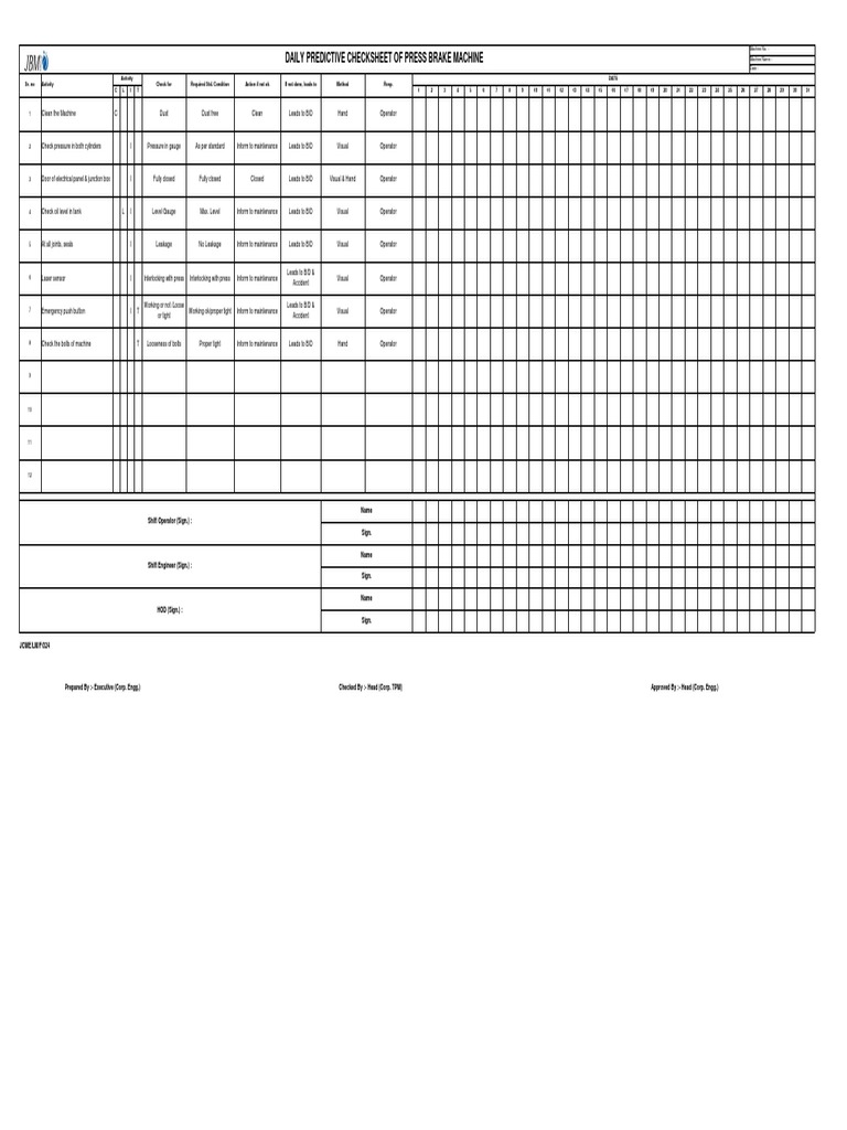 Daily Hydraulic Press Maintenance Checklist | PDF | Tools | Machines