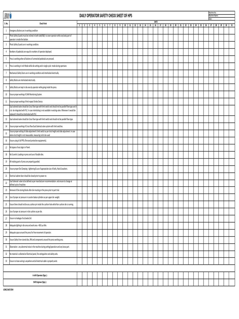 227 Hps Operator Safety Check Sheets | PDF | Switch | Valve