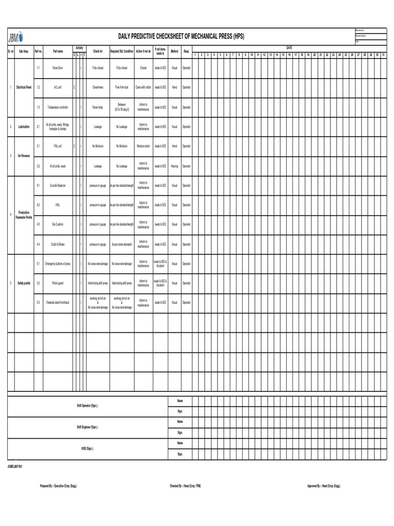 231 Preventive Check Sheet of Hps Mechanical Press | PDF | Clutch ...