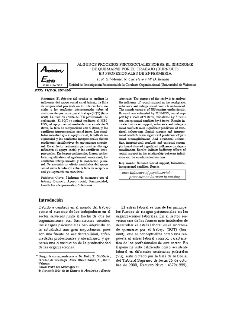 Gil-Monte, P. Et All. (2005) - Procesos Psicosociales Sobre El Síndrome ...