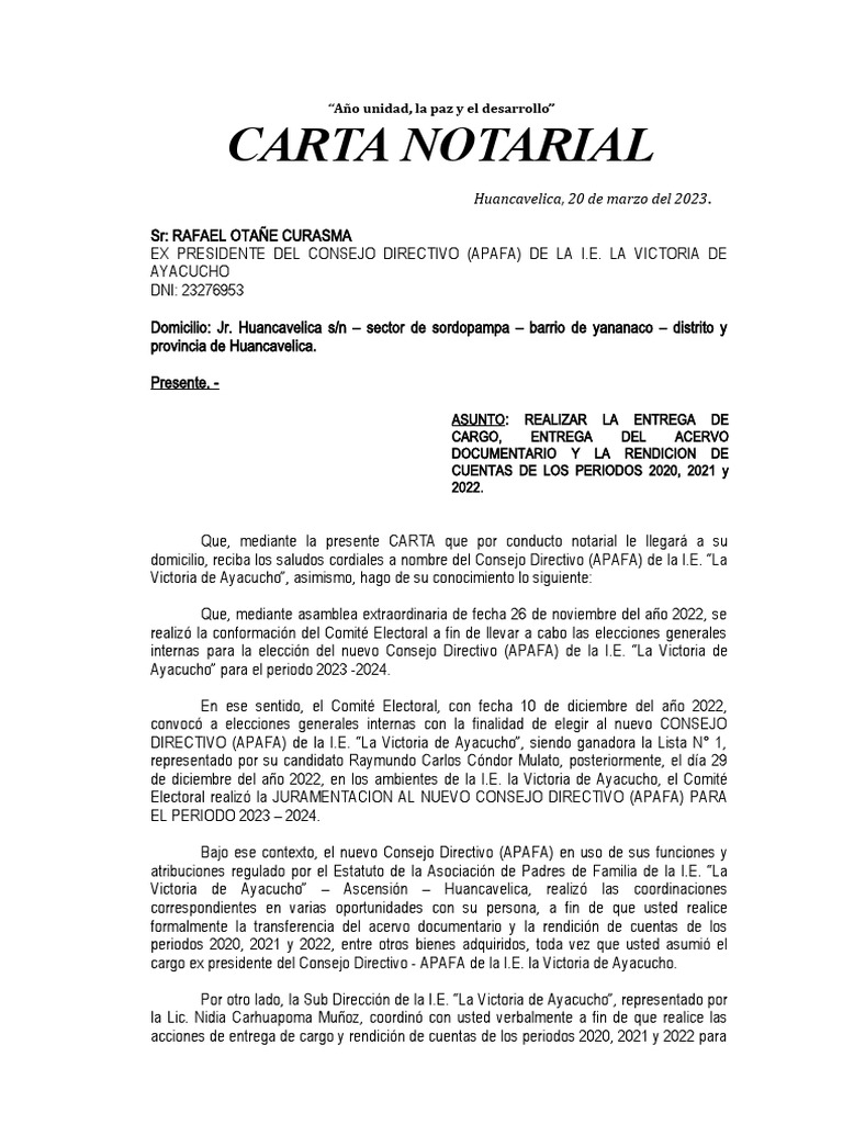 Carta Notarial - Apafa | PDF | Responsabilidad | Elecciones