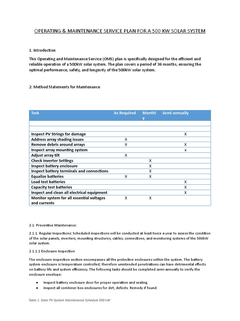 500kW Solar System Maintenance Plan | PDF | Photovoltaics | Solar Panel