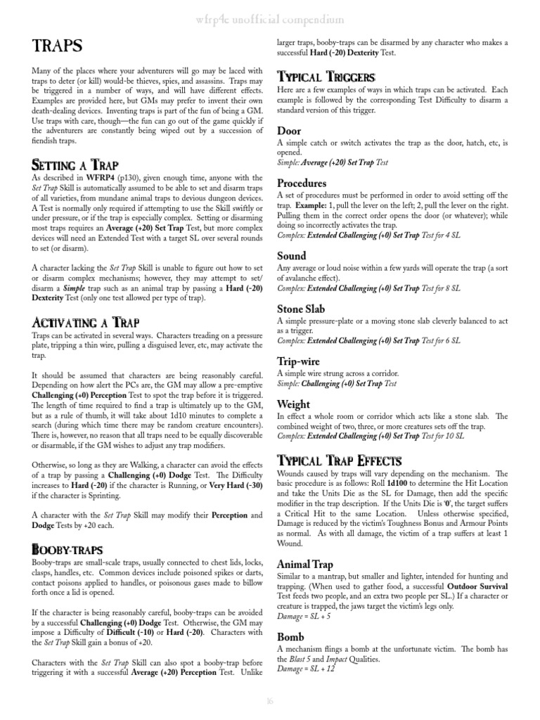 Traps in WFRP4: Setting and Disarming | PDF | Trapping