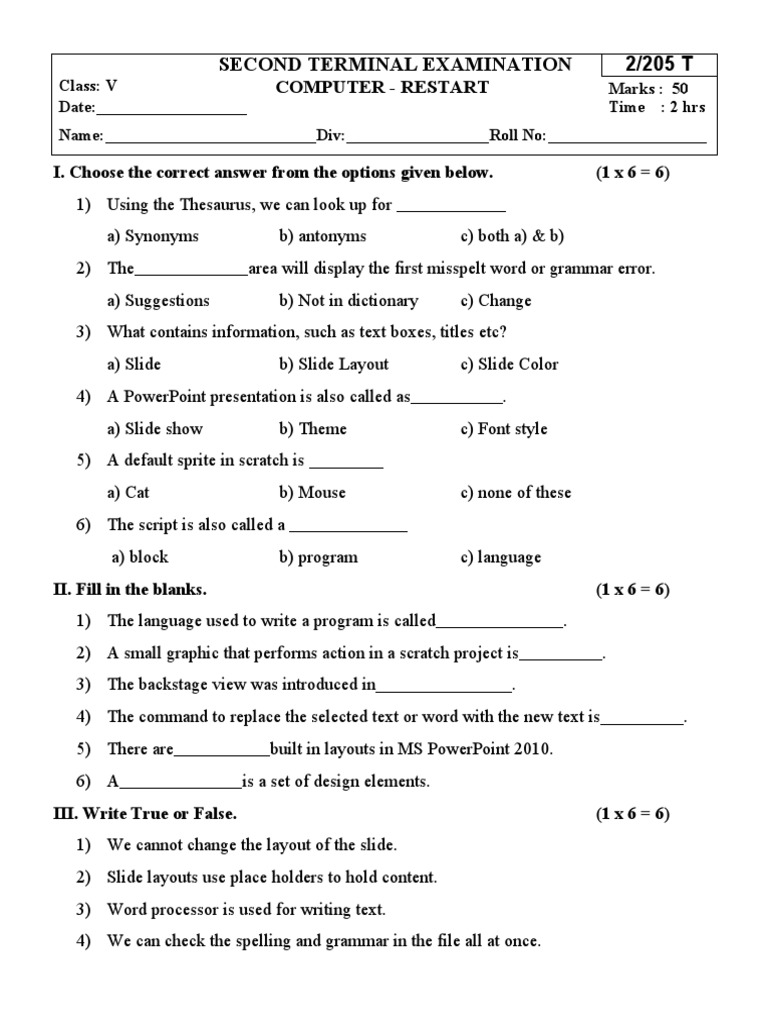 Class 5 Computer Exam Questions Term 2 | PDF | Computing | Software ...