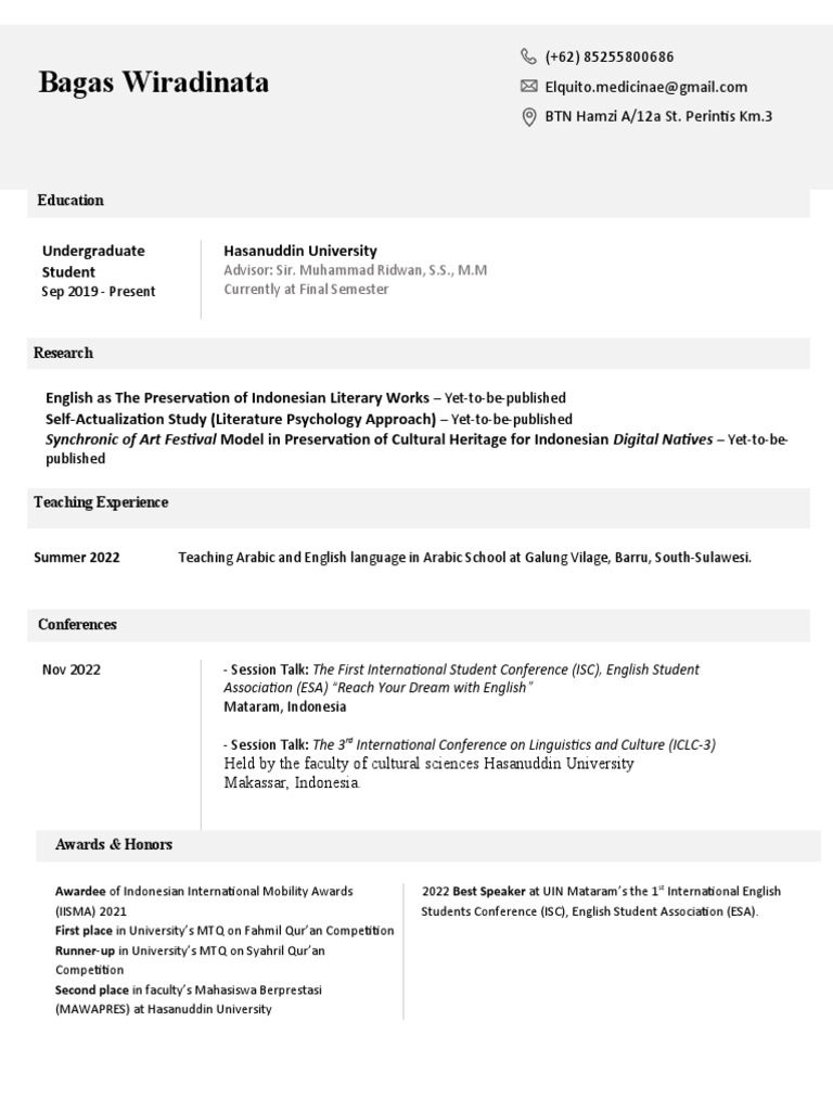 Academic CV - Bagas Wiradinata | PDF