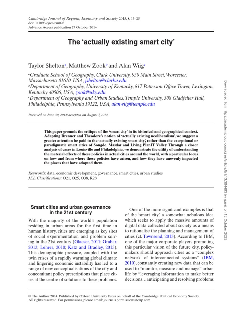 Shelton, T., Zook, M., Wiig, A. (2015) The Actually Existing Smart City ...