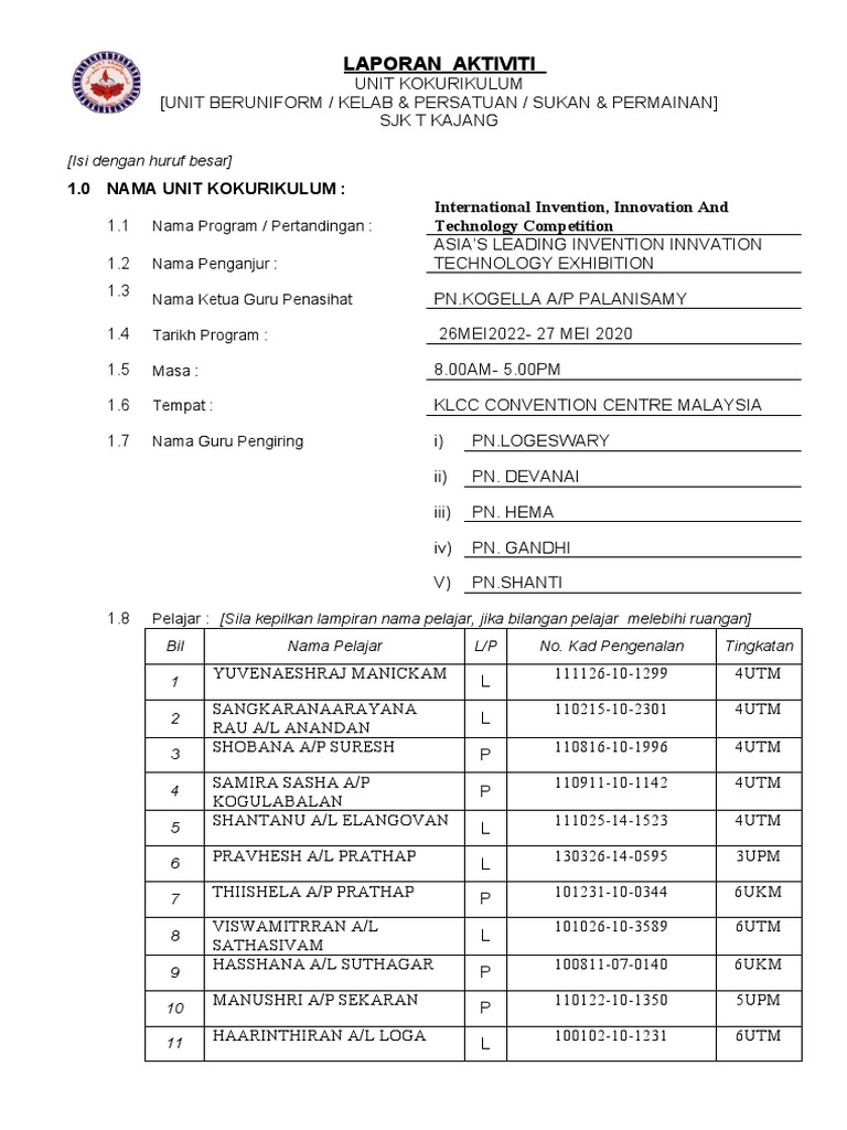 Borang Laporan Aktiviti Koku Itex | PDF
