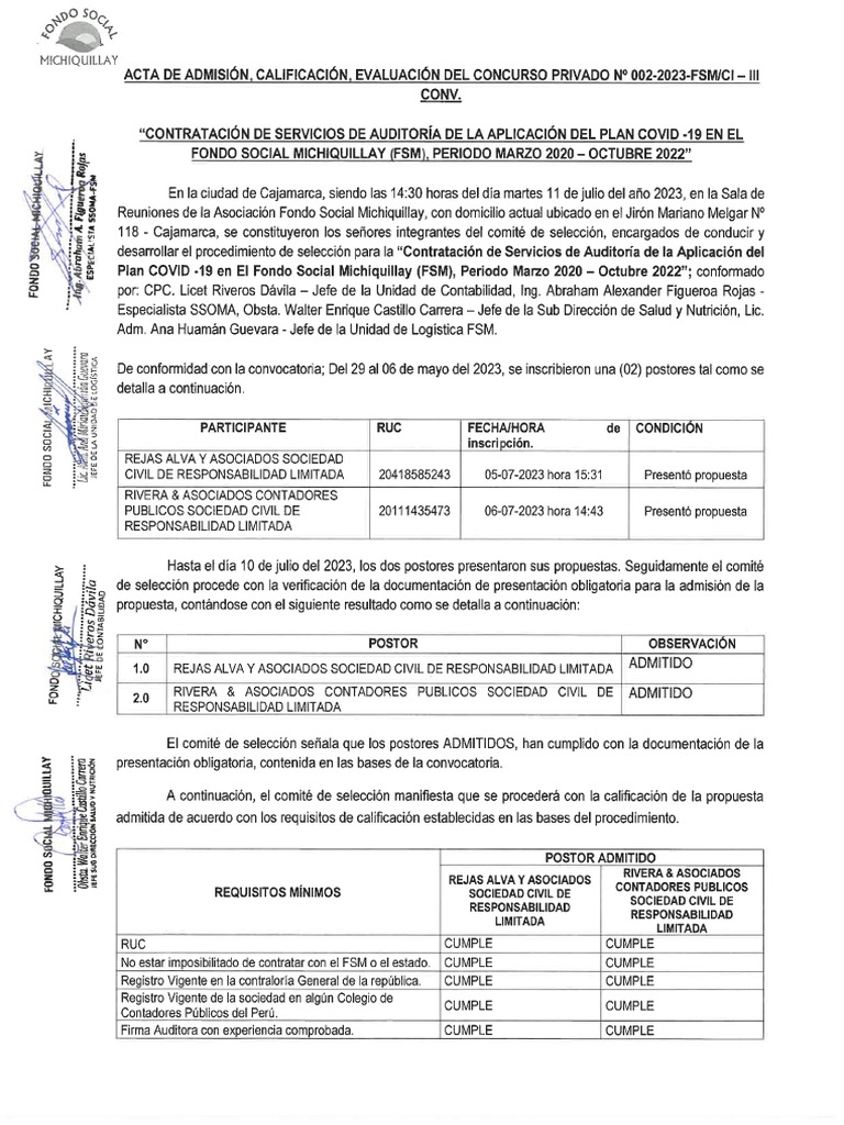 Acta de Admisión y Evaluación C.P. 02-2023 - III Conv - AUDITORIA COVID | PDF