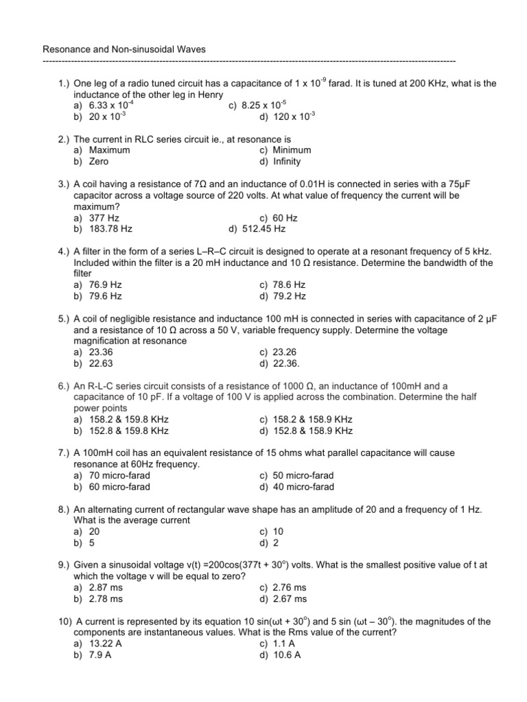 8.1 Resonance and Non Sinusoidal Waves Questions | PDF | Resonance ...