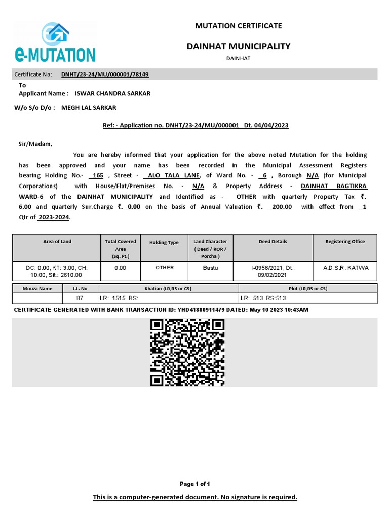 Mutation Certificate | PDF | Real Property Law | Common Law