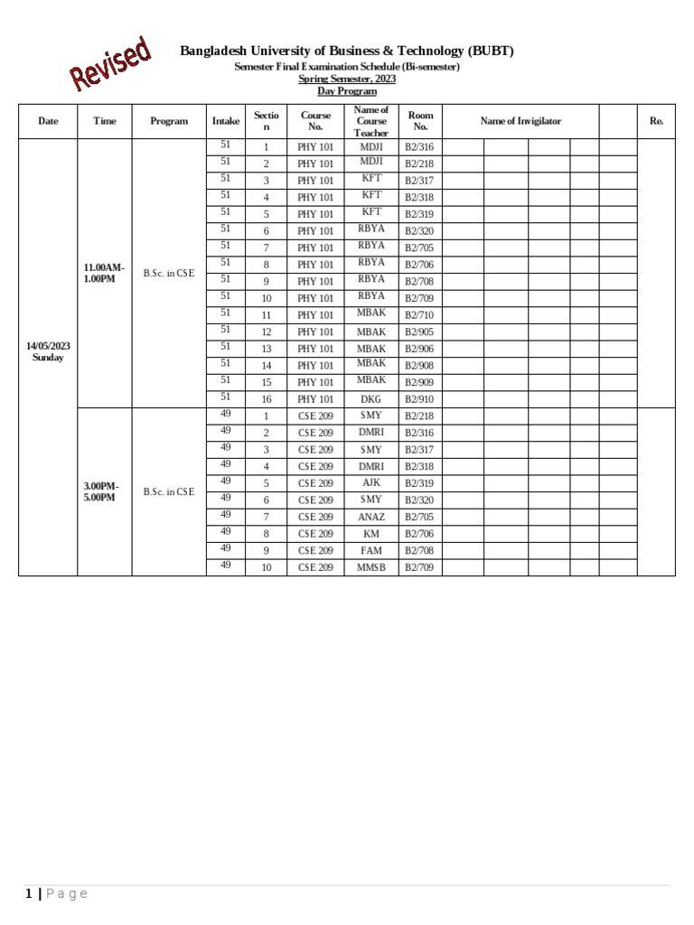 Semester Final Exam Schedule-Spring 2023 14-05-2023-CSE, EEE, CIVIL and Textile-Regular-Day ...