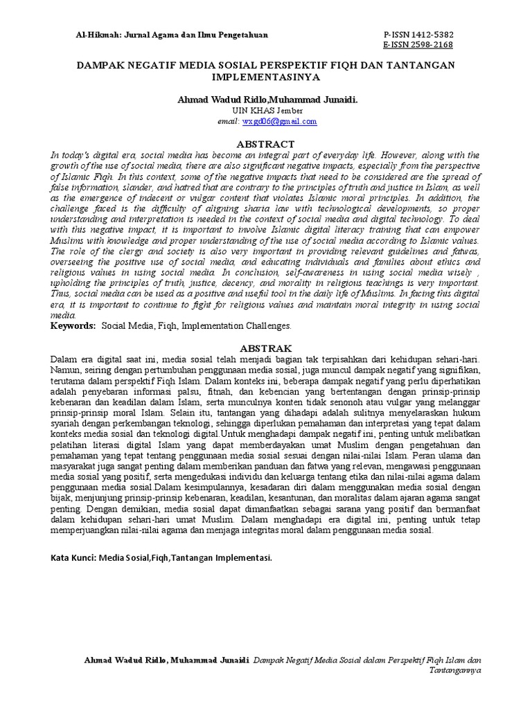 Jurnal Dampak Negatif Media Sosial Perspektif Fiqh Dan Tantangan Implementasinya Ahmad Wadud ...