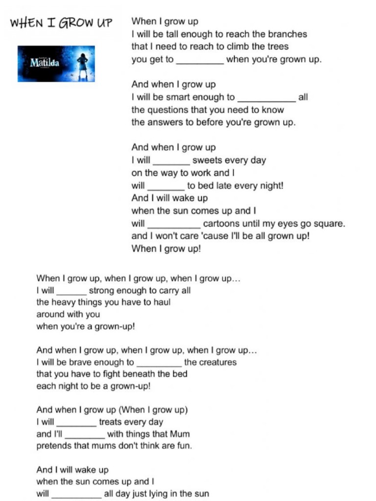 Matilda - When I Grow Up Lyrics Worksheet | PDF