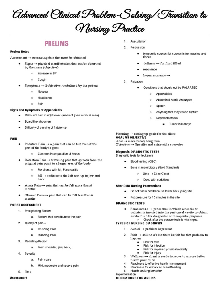 Advanced Clinical Problem Solving Transition Into Nursing Practice | PDF | Pain | Physical ...