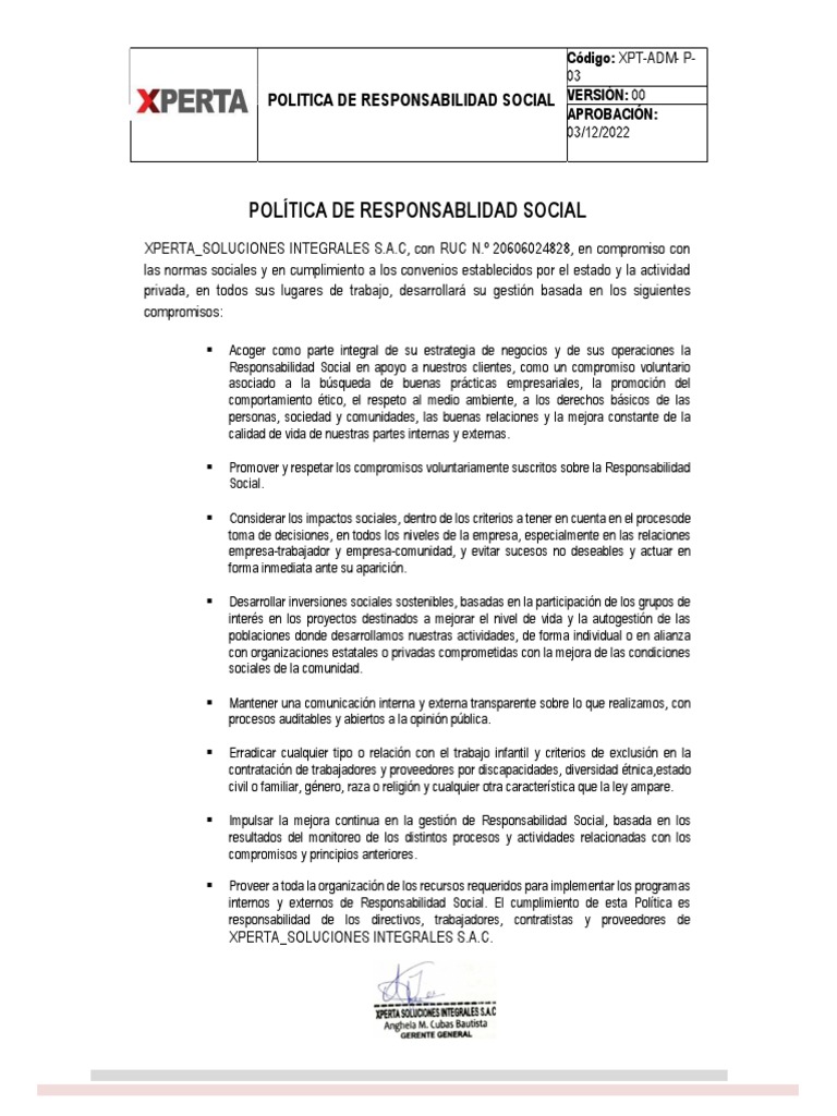 11.1 Politica Responsabilidad Social | PDF | Responsabilidad social ...