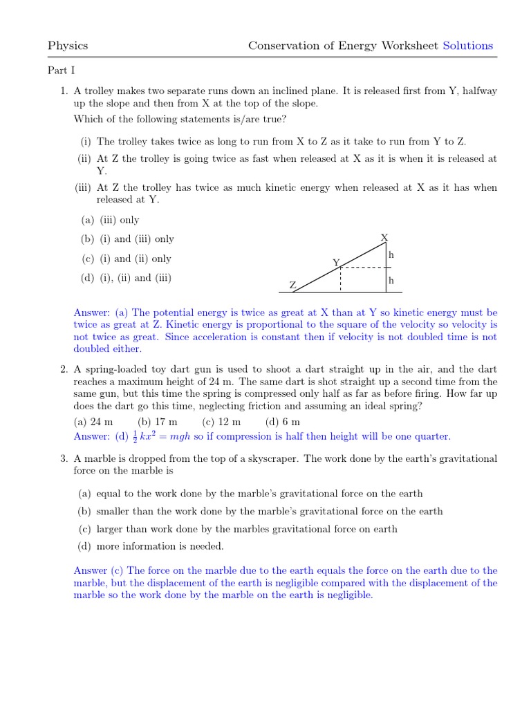Conservation of Energy Worksheet Solutions | PDF | Potential Energy ...