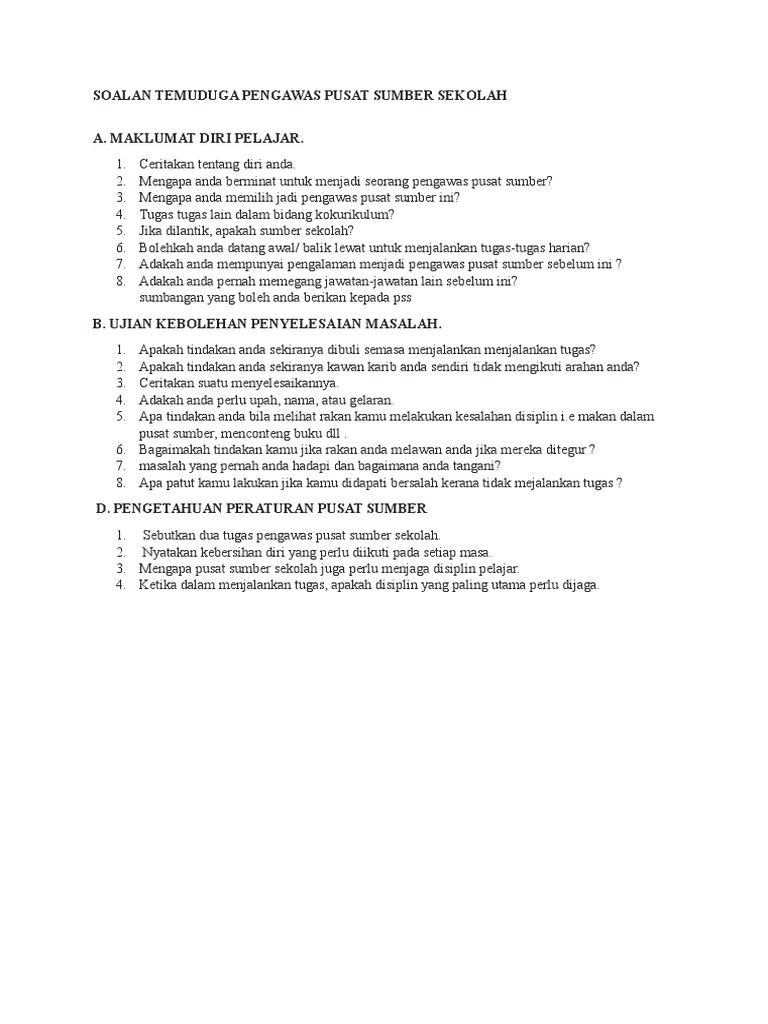 Soalan Temuduga Pengawas Pusat Sumber Sekolah | PDF | Karier & Perkembangan