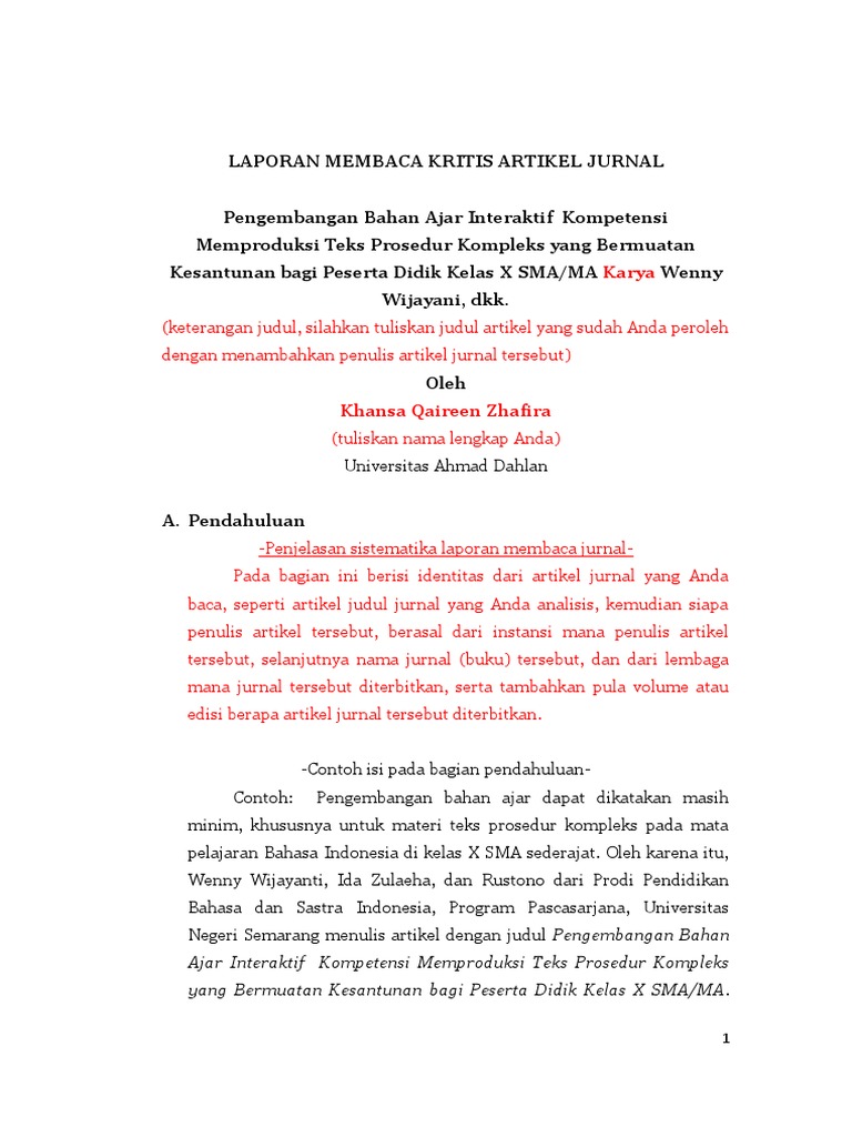 Sistematika Laporan Membaca Kritis-Uad | PDF