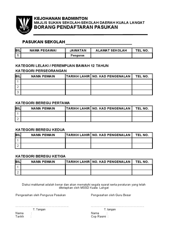 Borang Pendaftaran Badminton Pdf