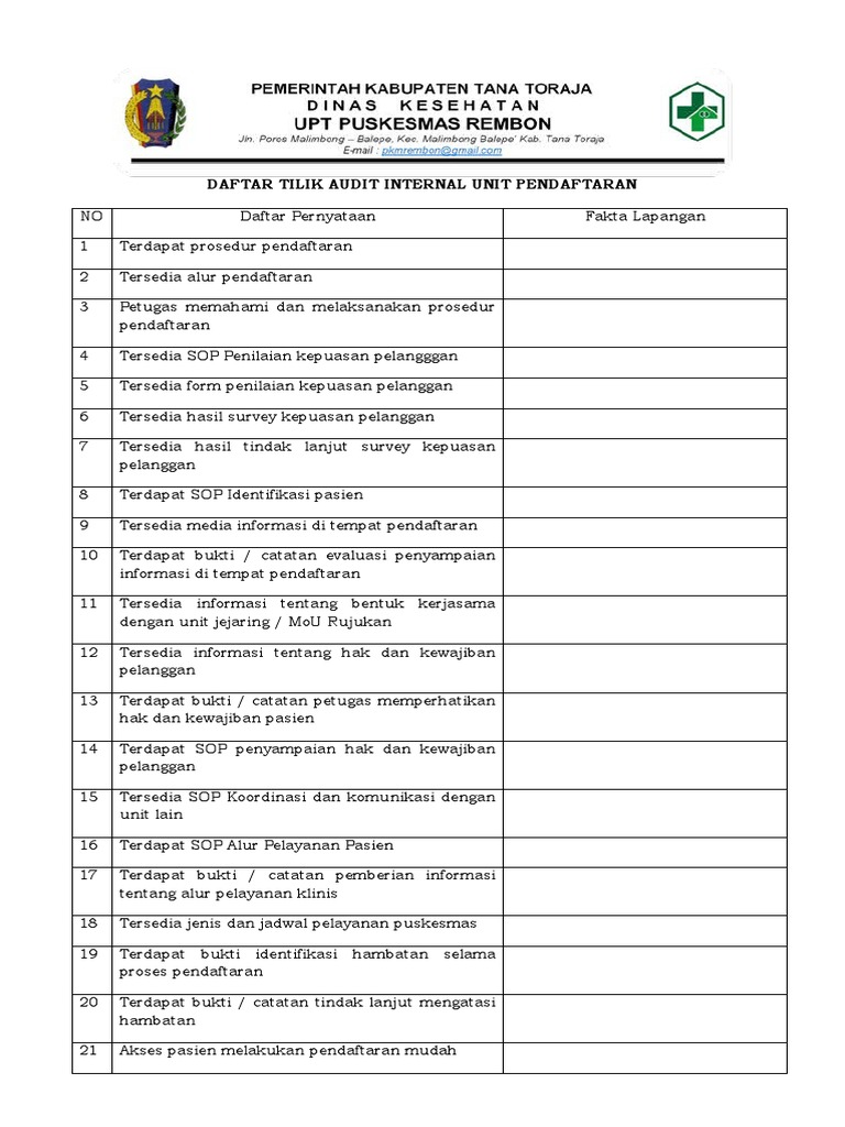 Daftar Tilik Audit Internal Upt Puskesmas Fajar Mulia | PDF