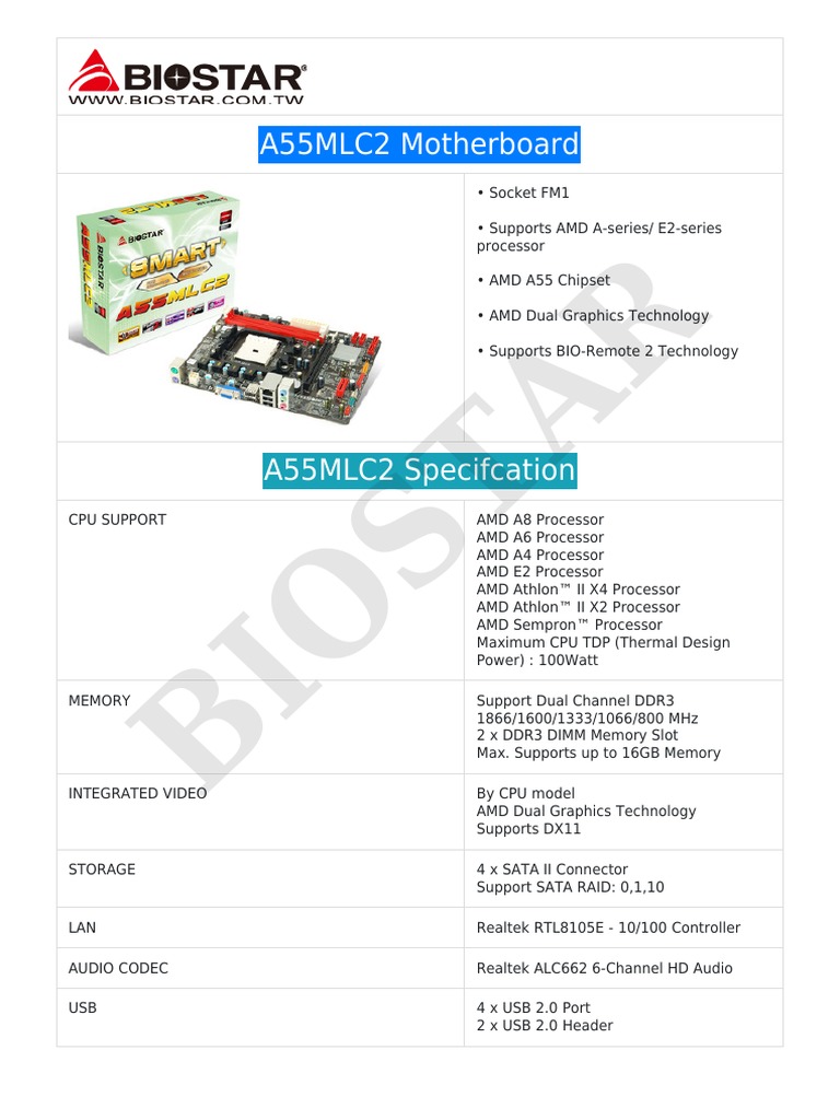 Biostar A55mlc2 Spec | PDF | X86 Architecture | Personal Computing