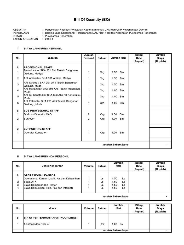 Bill of Quantity (BQ) : Jumlah Beban Biaya | PDF