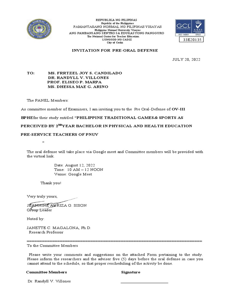 Invitation Letter For PRE Oral Defense | PDF | Social Science