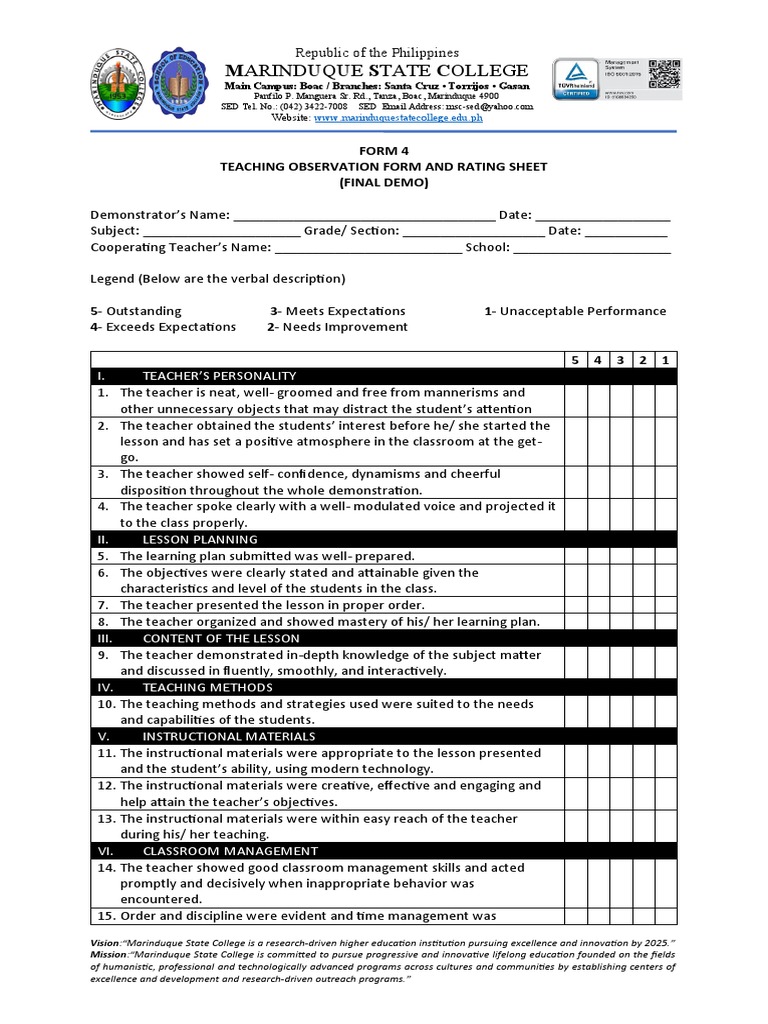 Demo Observation Form | PDF | Teachers | Classroom Management