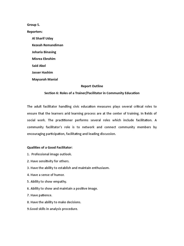 Group 5 Report Outline | PDF | Learning | Facilitator