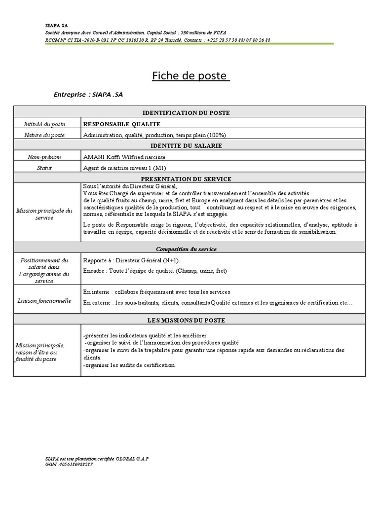 Fiche de Poste Responsable Qualité | PDF | Business