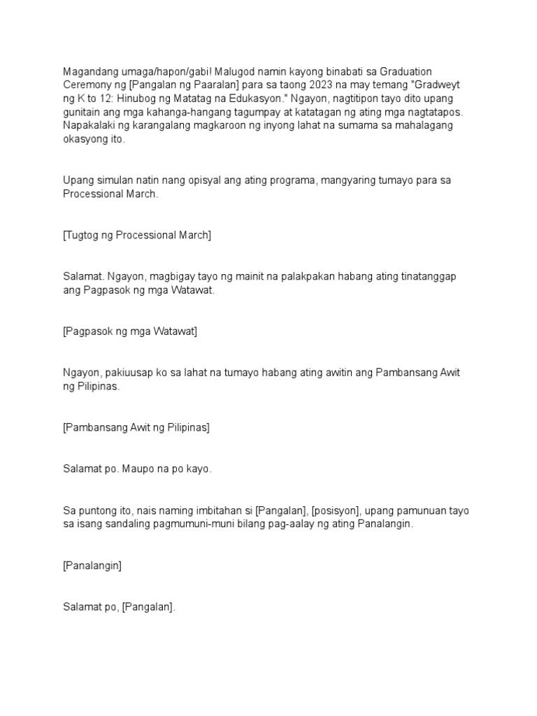 Graduation Emcee Script Filipino | PDF