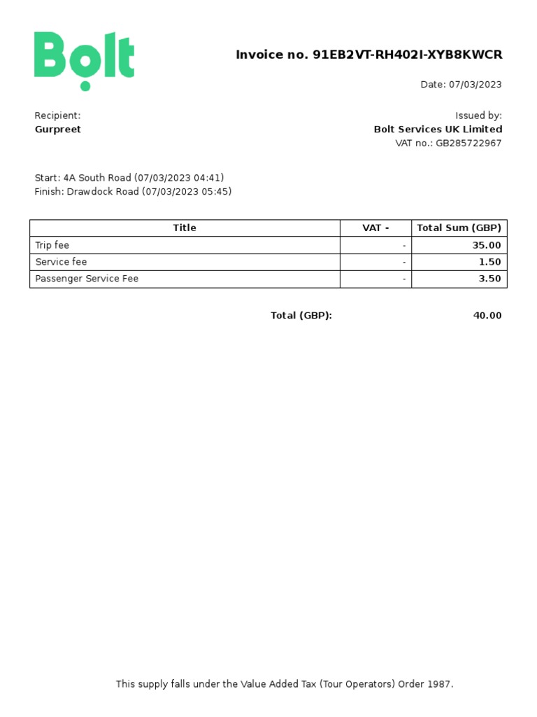 Bolt Invoice and Receipt Details | PDF