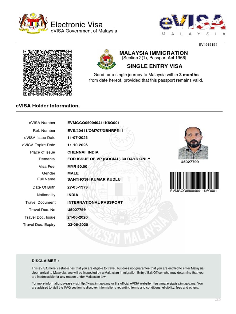 Malaysia eVISA Certificate - SANTHOSH KUMAR - KUDLU | PDF