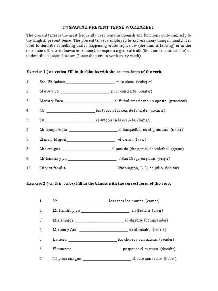 Spanish Present Tense Worksheet | PDF