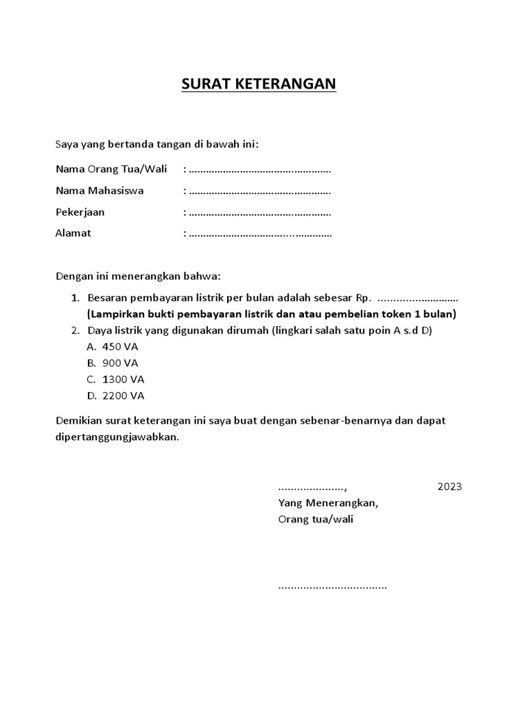 Surat Keterangan Biaya Listrik | PDF