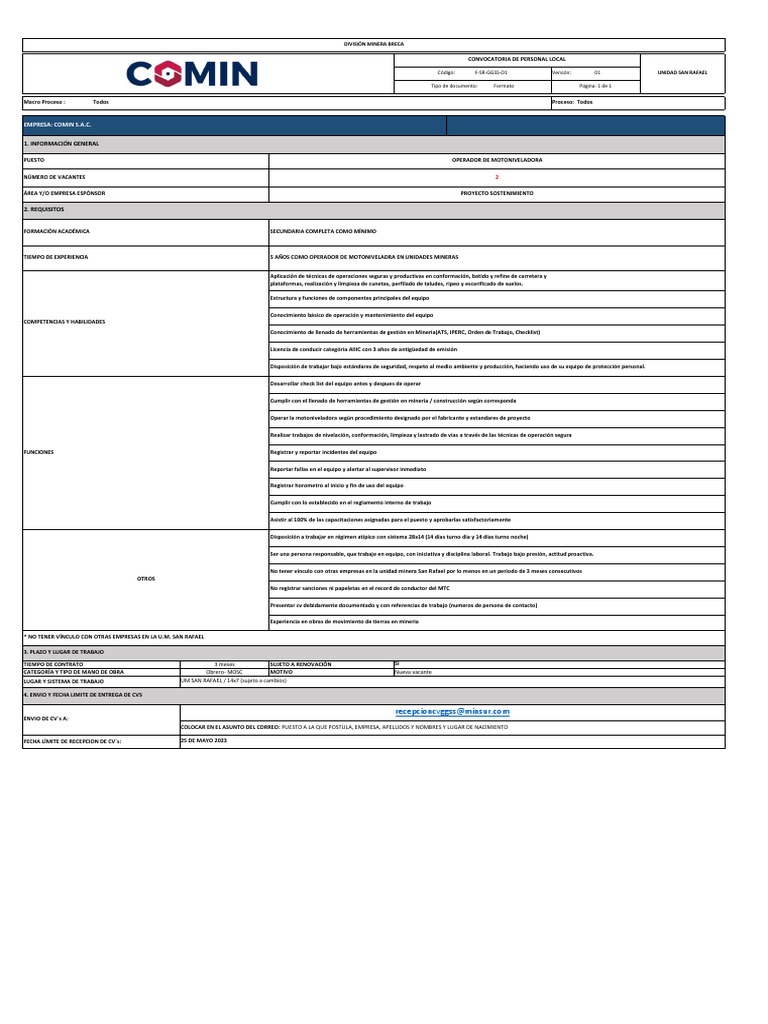 2023.05.19 COMIN-F-SR-GGSS-01 Convocatoria de Personal - Resultados - Operador de Moto | PDF ...