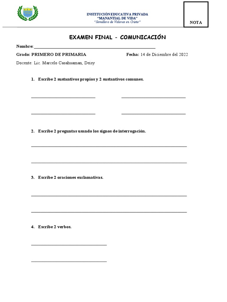 Examen Final Comunicacion Primer Grado Pdf Lingüística Gramática