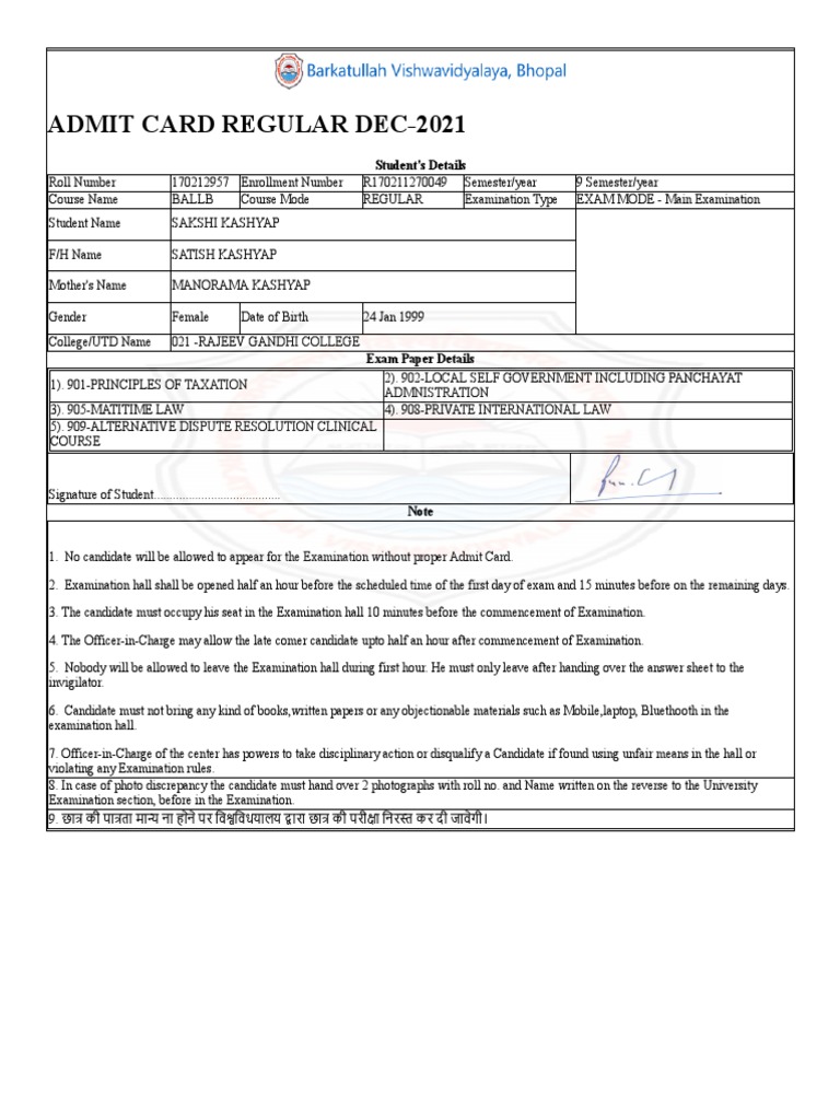 BALLB Dec 2021 Admit Card Details | PDF