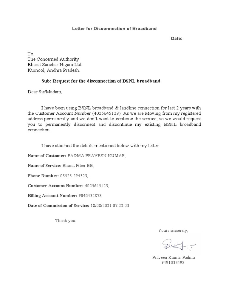 BSNL Broadband Disconnection Request Letter | PDF