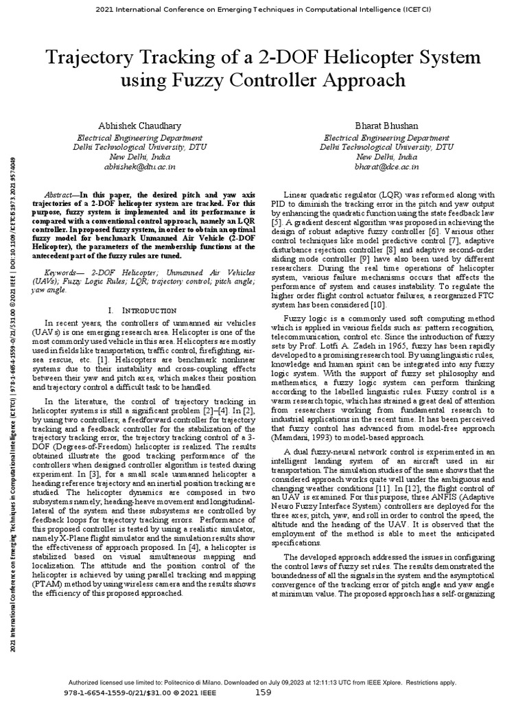 Trajectory Tracking of A 2-DOF Helicopter System Using Fuzzy Controller Approach | PDF | Control ...