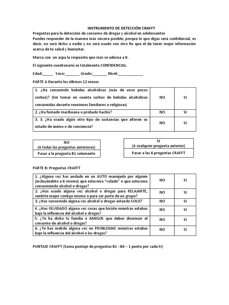 Instrumento de Detección Crafft (Alcoholismo y Drogas) | PDF | Salud y ...