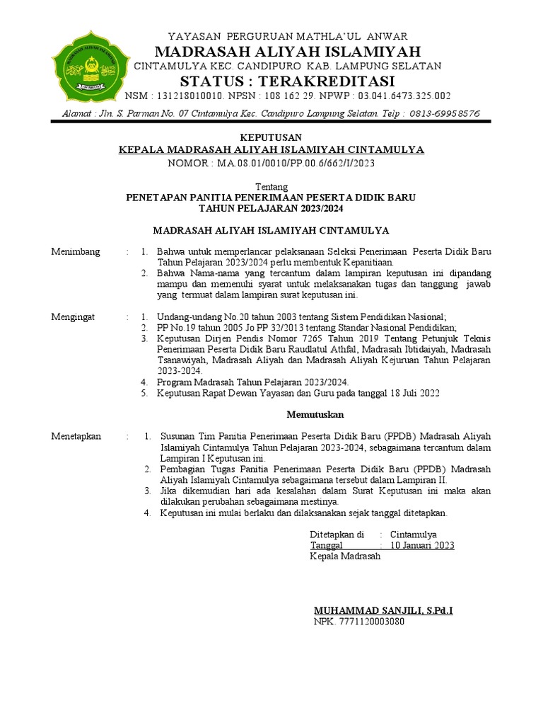 SK Panitia PPDB Madrasah 2023-2024 | PDF