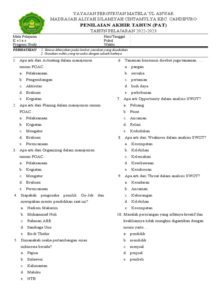 Soal Pas Pkwu Kelas Xi Genap 2023 | PDF