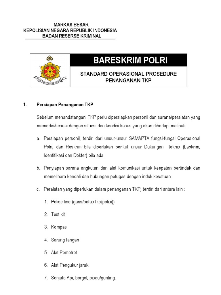 Standar Operasional Penanganan TKP 1 | PDF